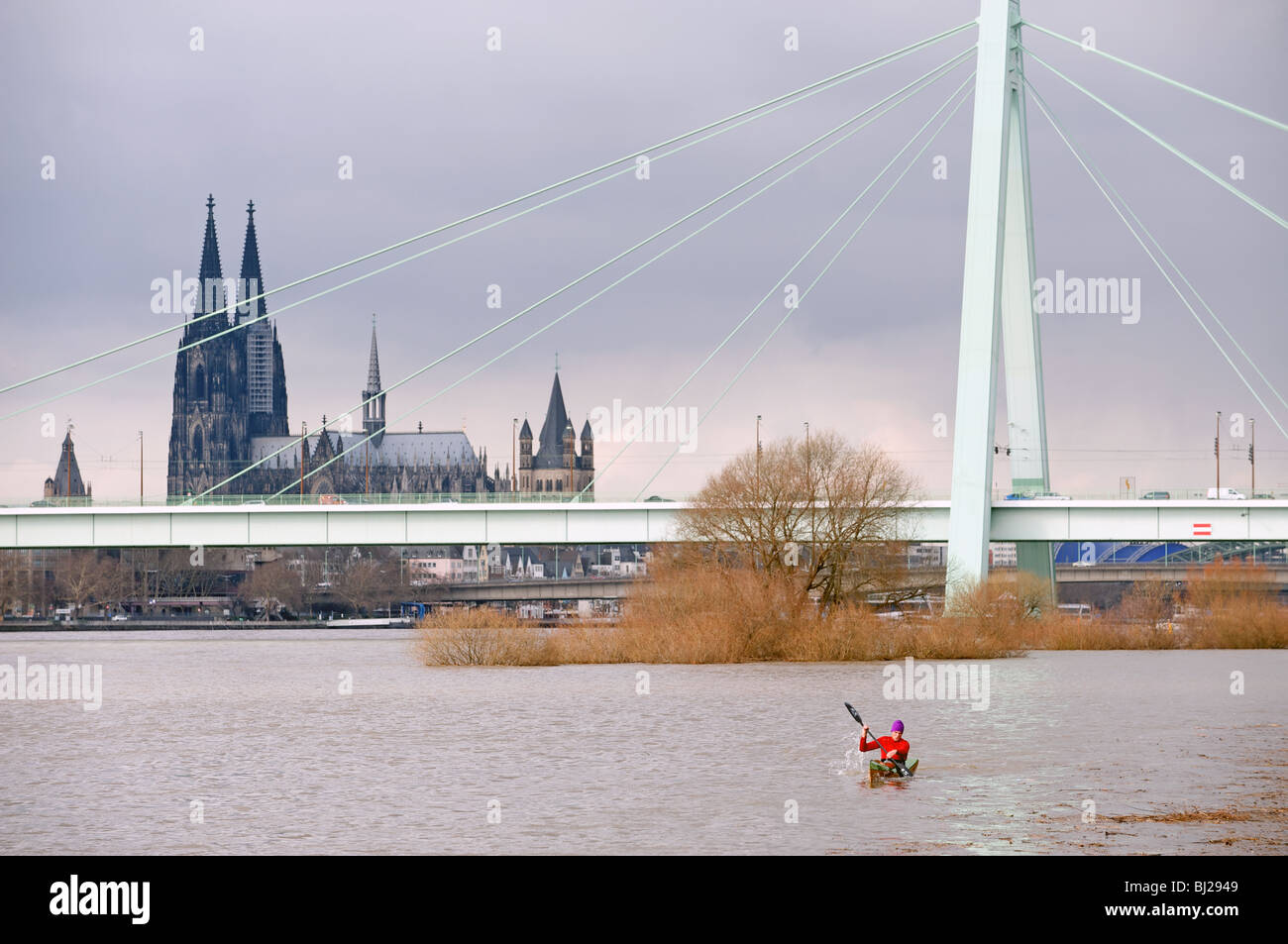 Canonist paddling on a flooded river Rhine, Cologne, North Rhine ...