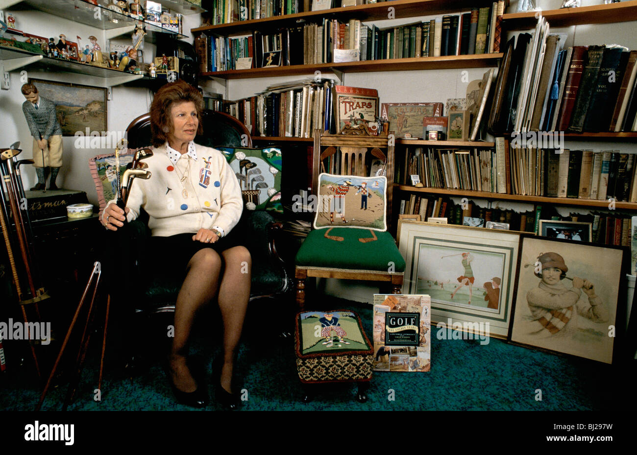 Author Sarah Fabian Baddiel at home with some of her golfing collection ...