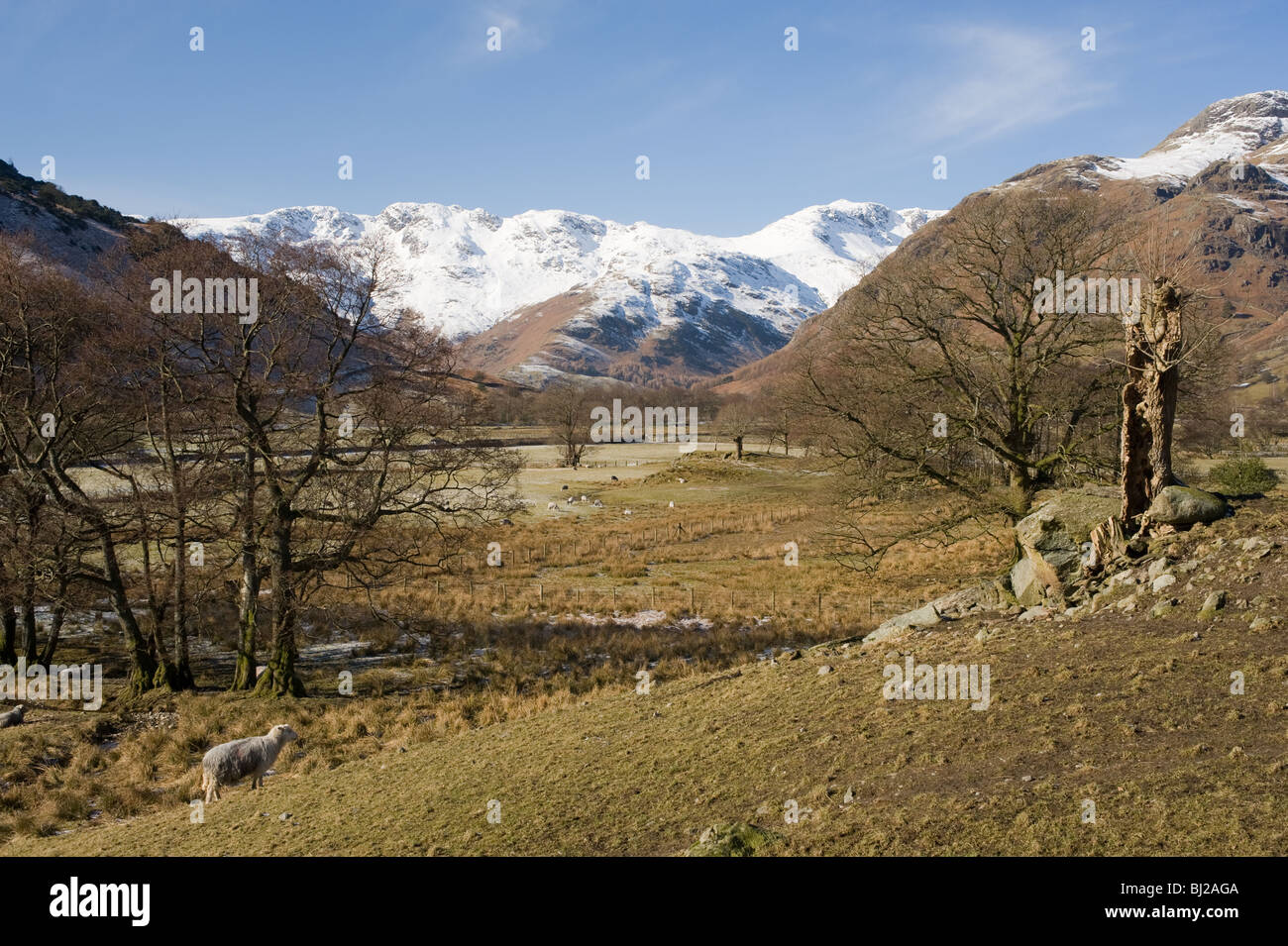 Snow Covered Lakeland Bridge Bow Fell and Crinkle Crags Langdale Valley ...