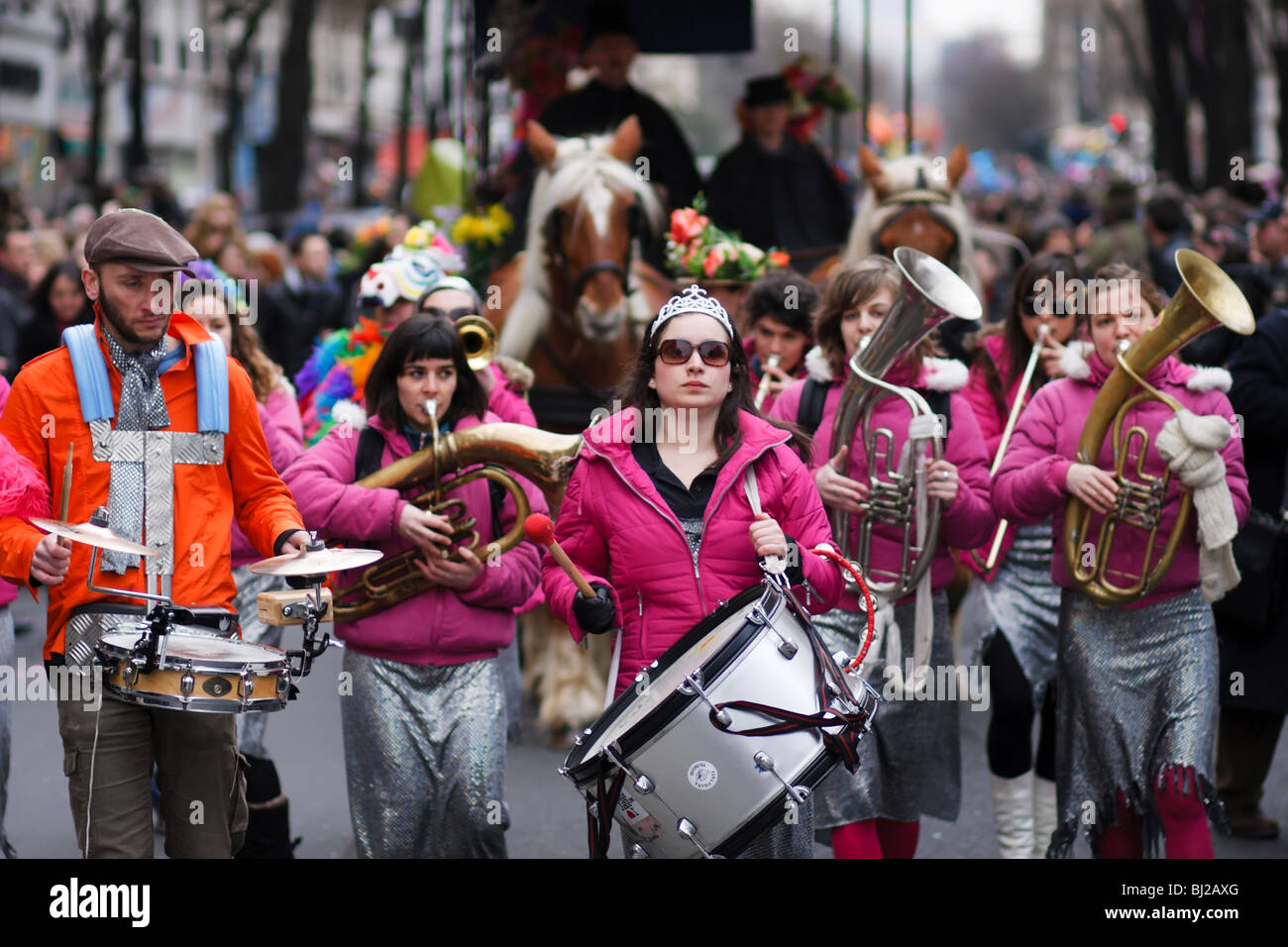 Musicians performing at the carnival parade in the streets of Paris ...