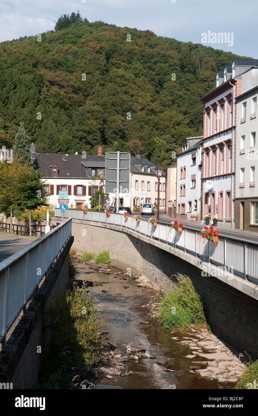 ugly modern river bed, Neuerburg, Eifel, Rhineland-Palatinate, Germany ...