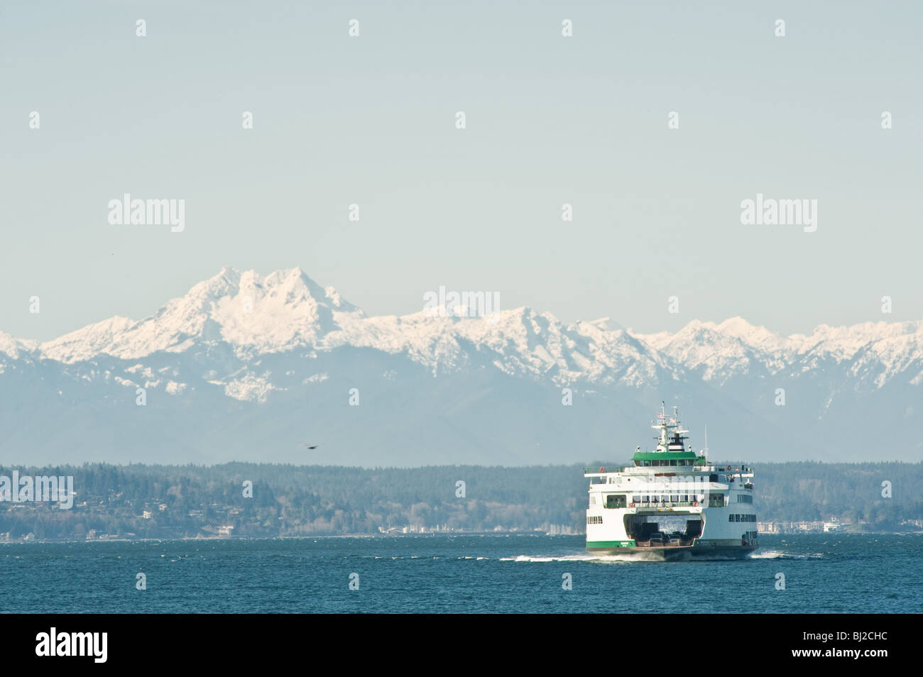 A car and passenger ferry is crossing the Puget Sound with snow capped ...