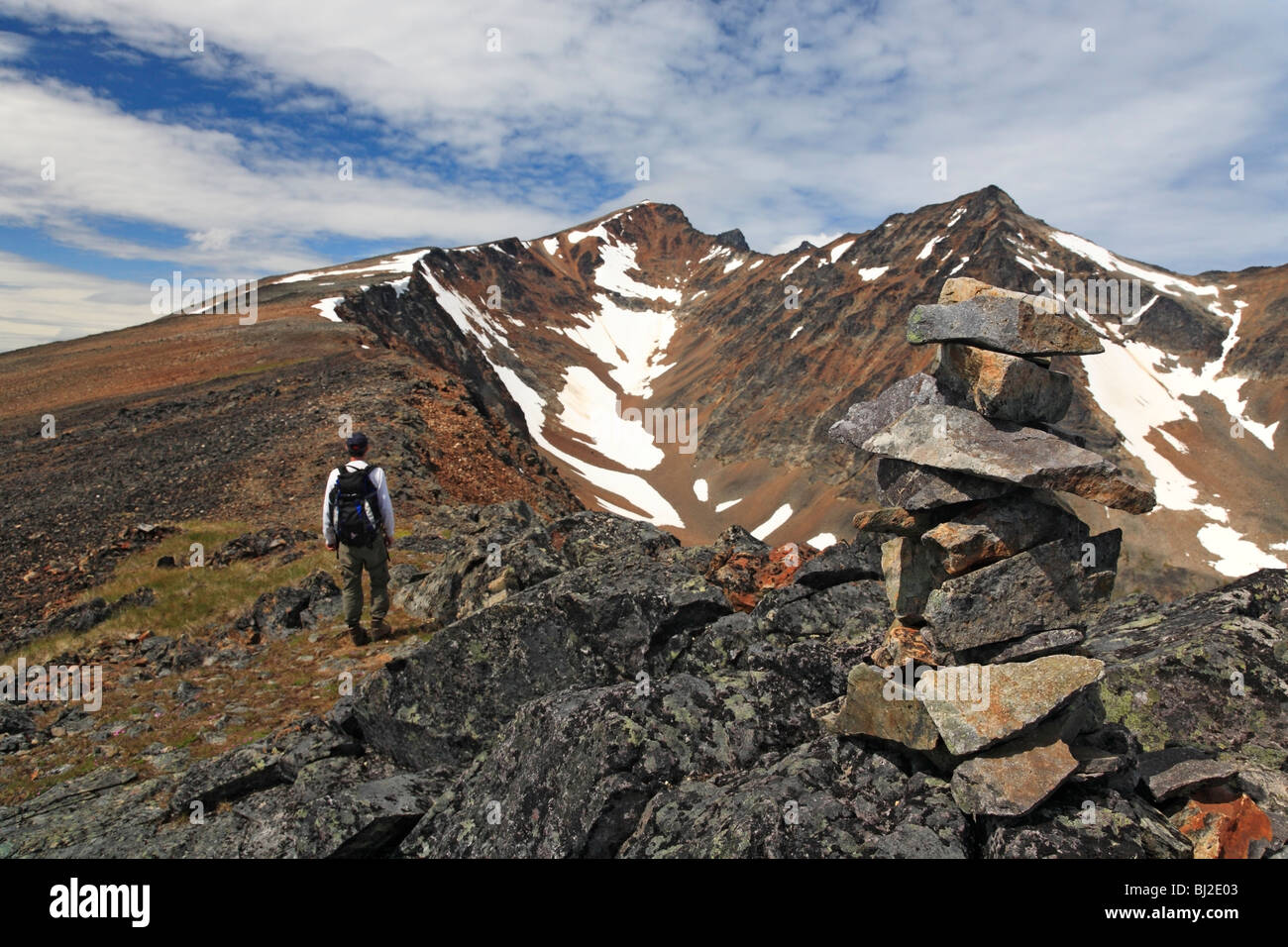 Hiker on trail up to peak of Hudson Bay Mountain, Smithers, British ...