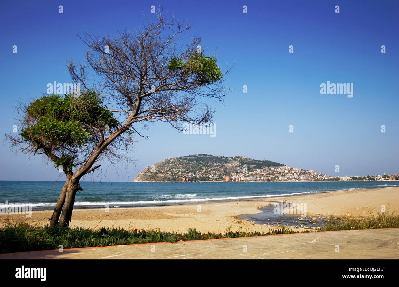Alanya peninsula view from beach with oldest piratic fortress Stock ...