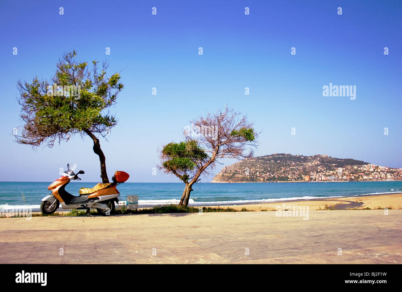 Alanya peninsula view from beach with oldest piratic fortress Stock ...