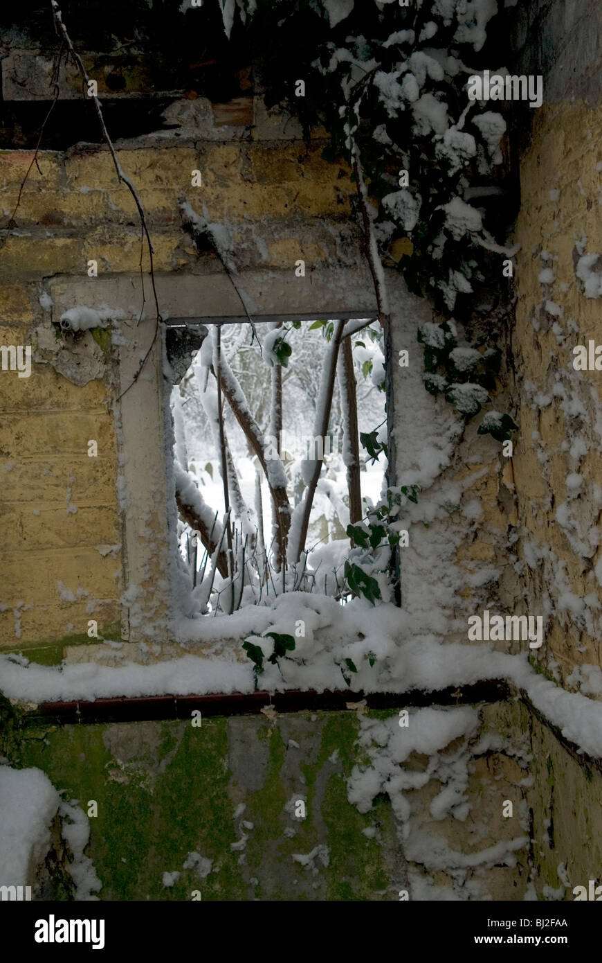 inside of decayed house covered in snow Stock Photo - Alamy