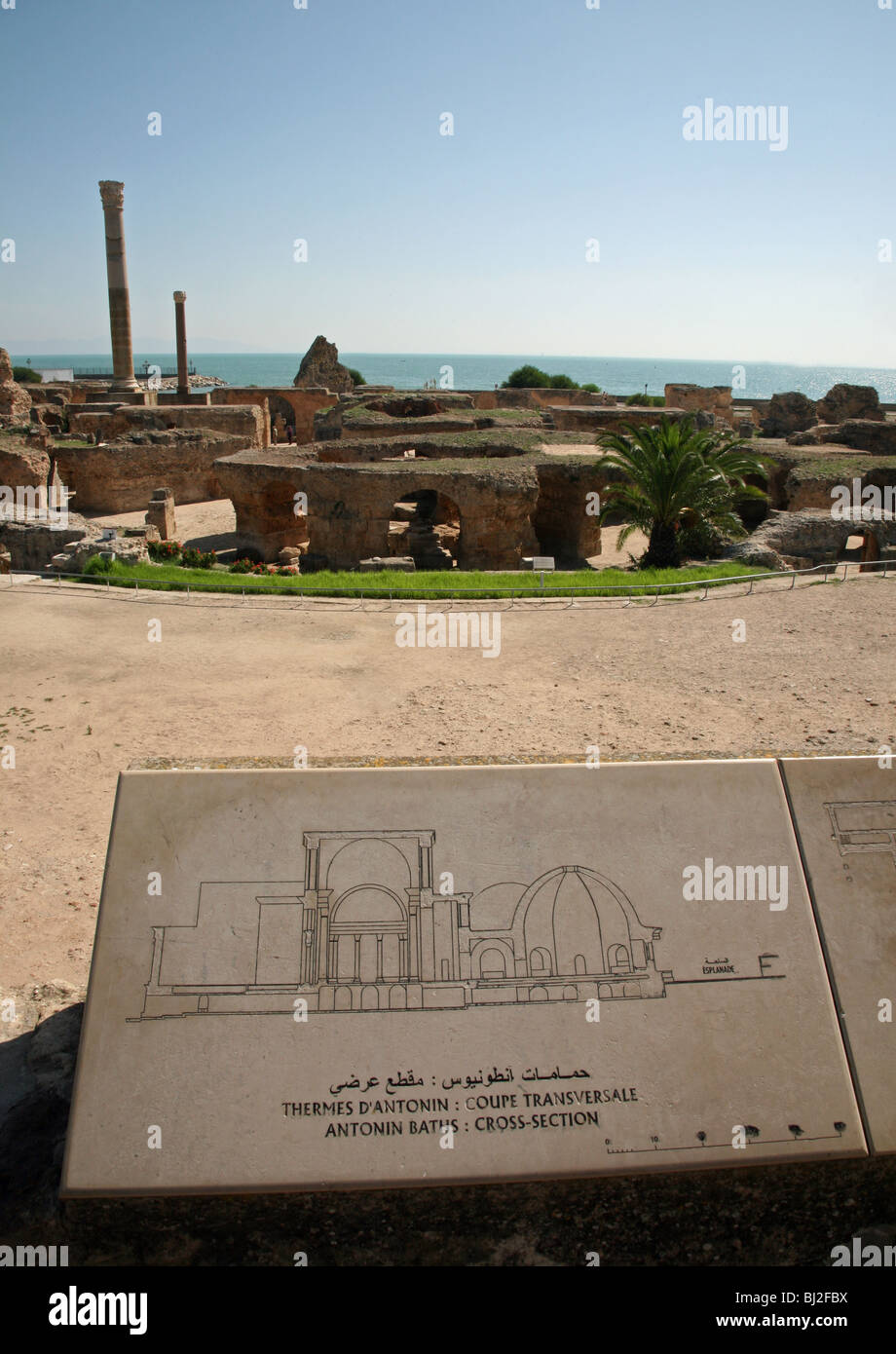 A sign showing a cross-section of the Antonine or Antonin baths at ...