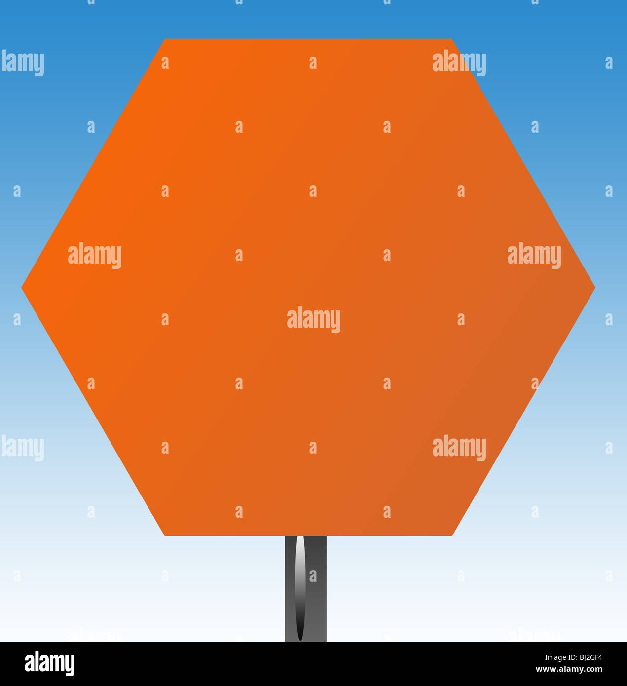 Blank hexagonal road sign isolated on graduated blue sky background ...