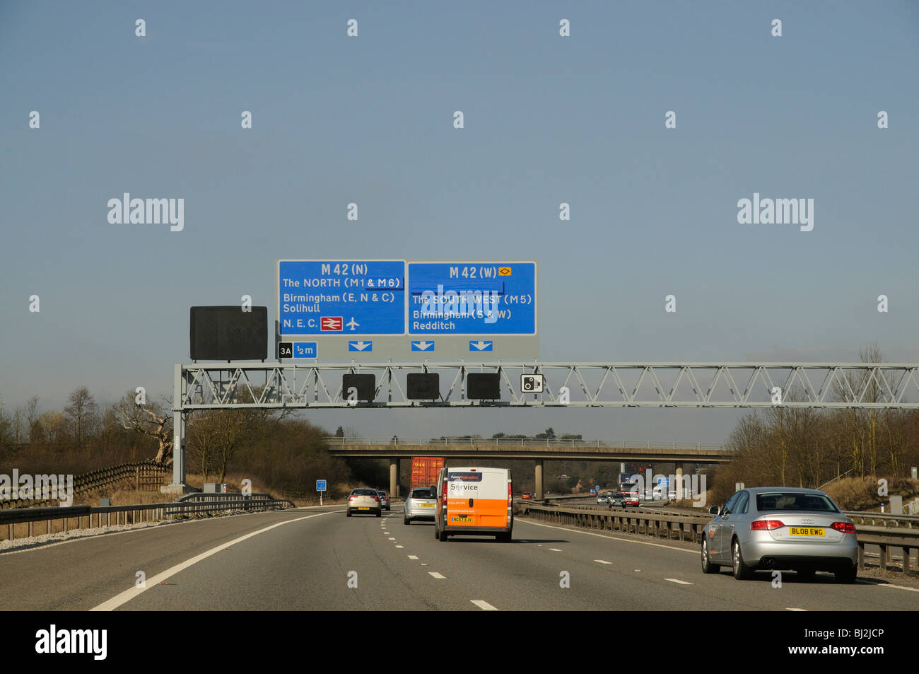 M42 north motorway close to Birmingham overhead directional signs to M1 ...
