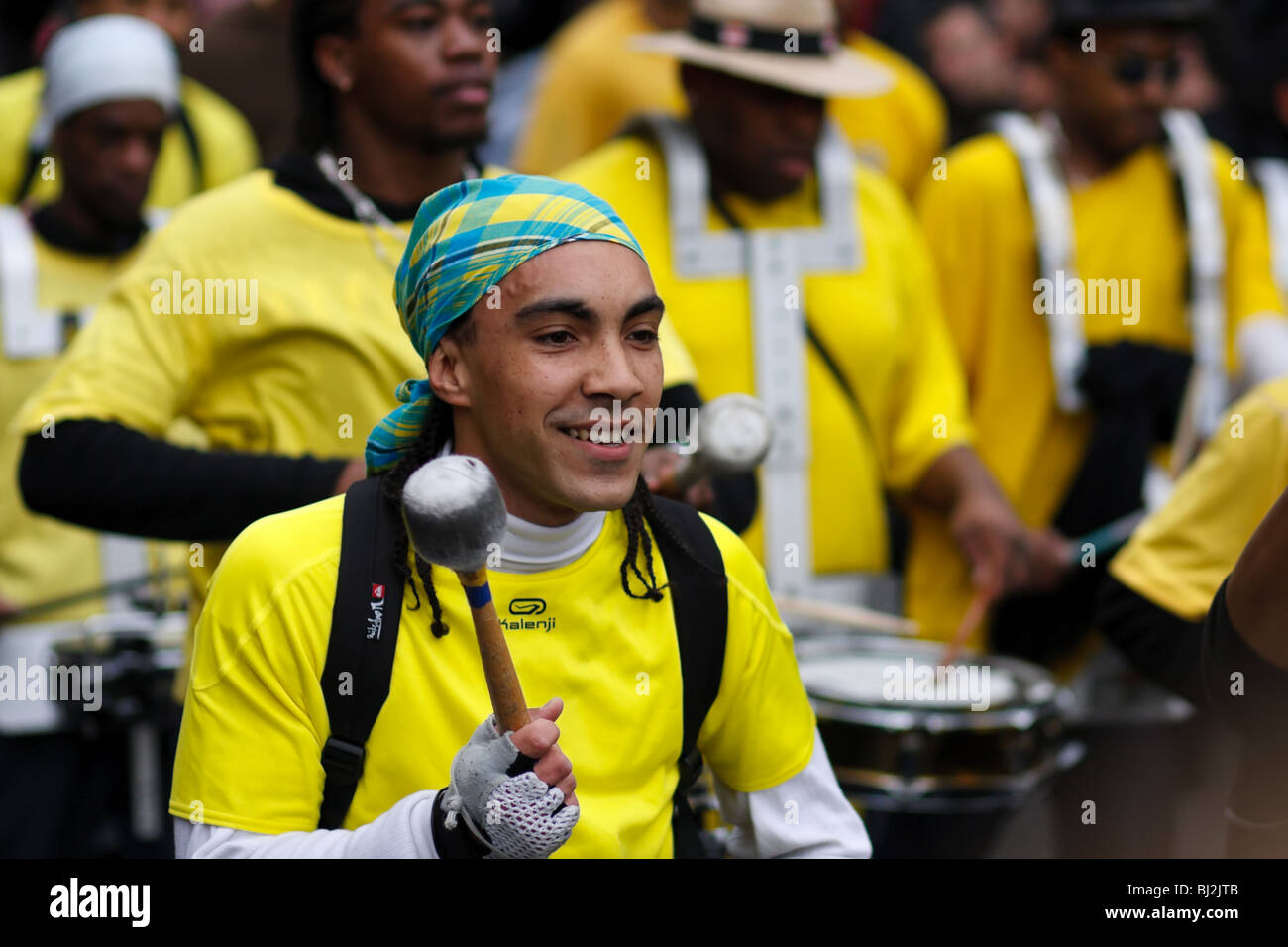 Musicians performing at the carnival parade in the streets of Paris ...