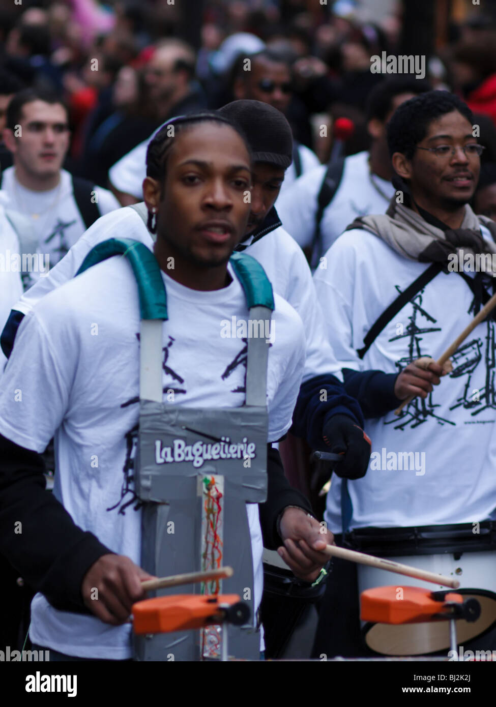 Musicians performing at the carnival parade in the streets of Paris ...