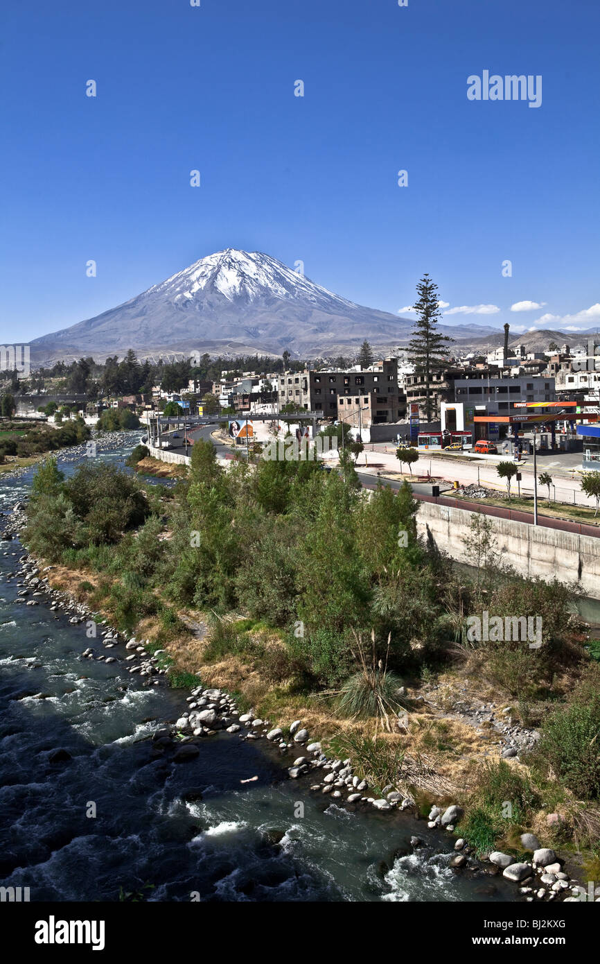 View of the Misti volcano from a bridge over the river in Arequipa, The ...