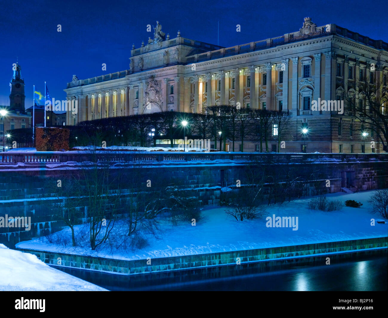 Evening winter view of east wing of Riksdagshuset (1905), the Swedish Parliament building ...