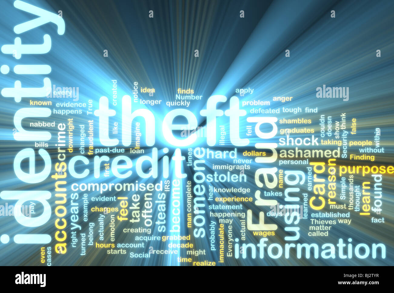 Word cloud tags concept illustration of identity theft glowing light ...