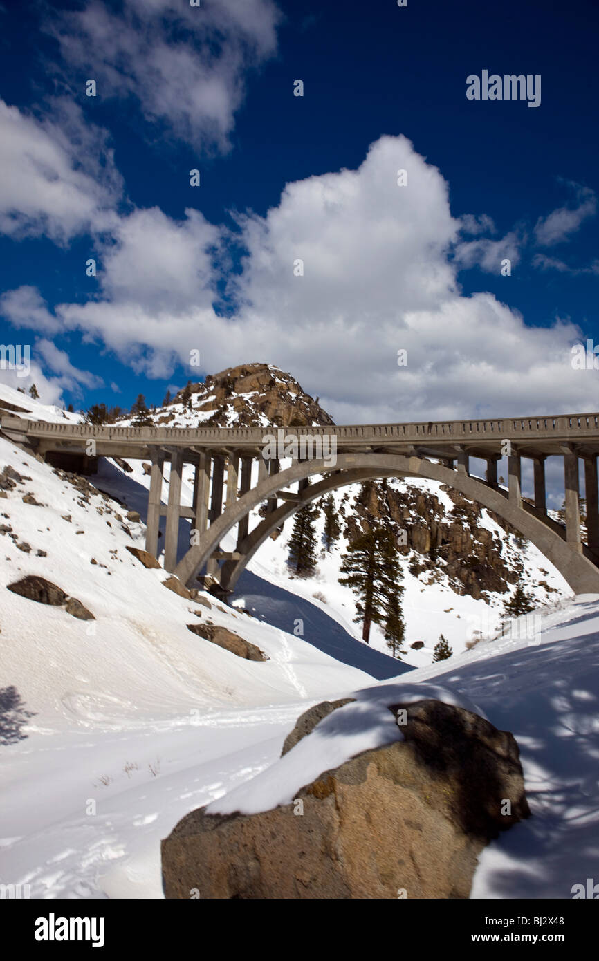 Donner Pass Road Bridge with snow, part of historic route US Hwy 40 ...