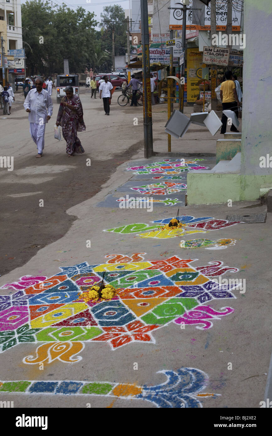 Rangoli festival designs in an Indian street made at the Hindu festival ...