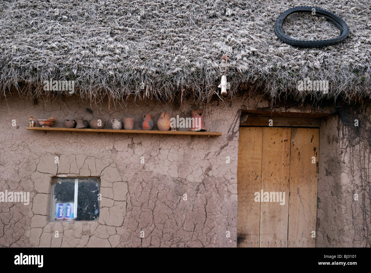 PERU Aymara farmers' dwelling near Sillustani, Puno. Detail of adobe ...