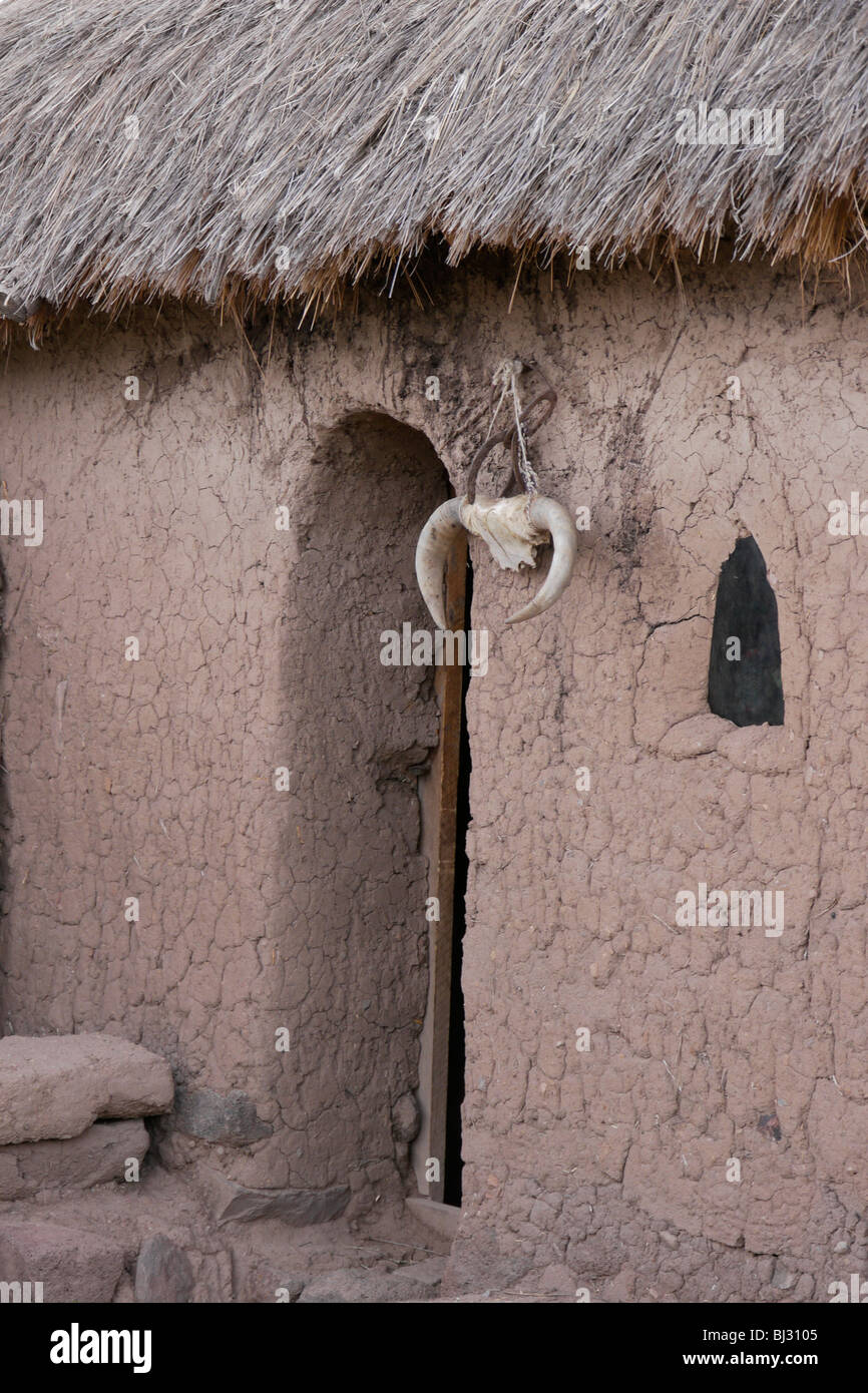 PERU Aymara farmers' dwelling near Sillustani, Puno. Detail of adobe ...
