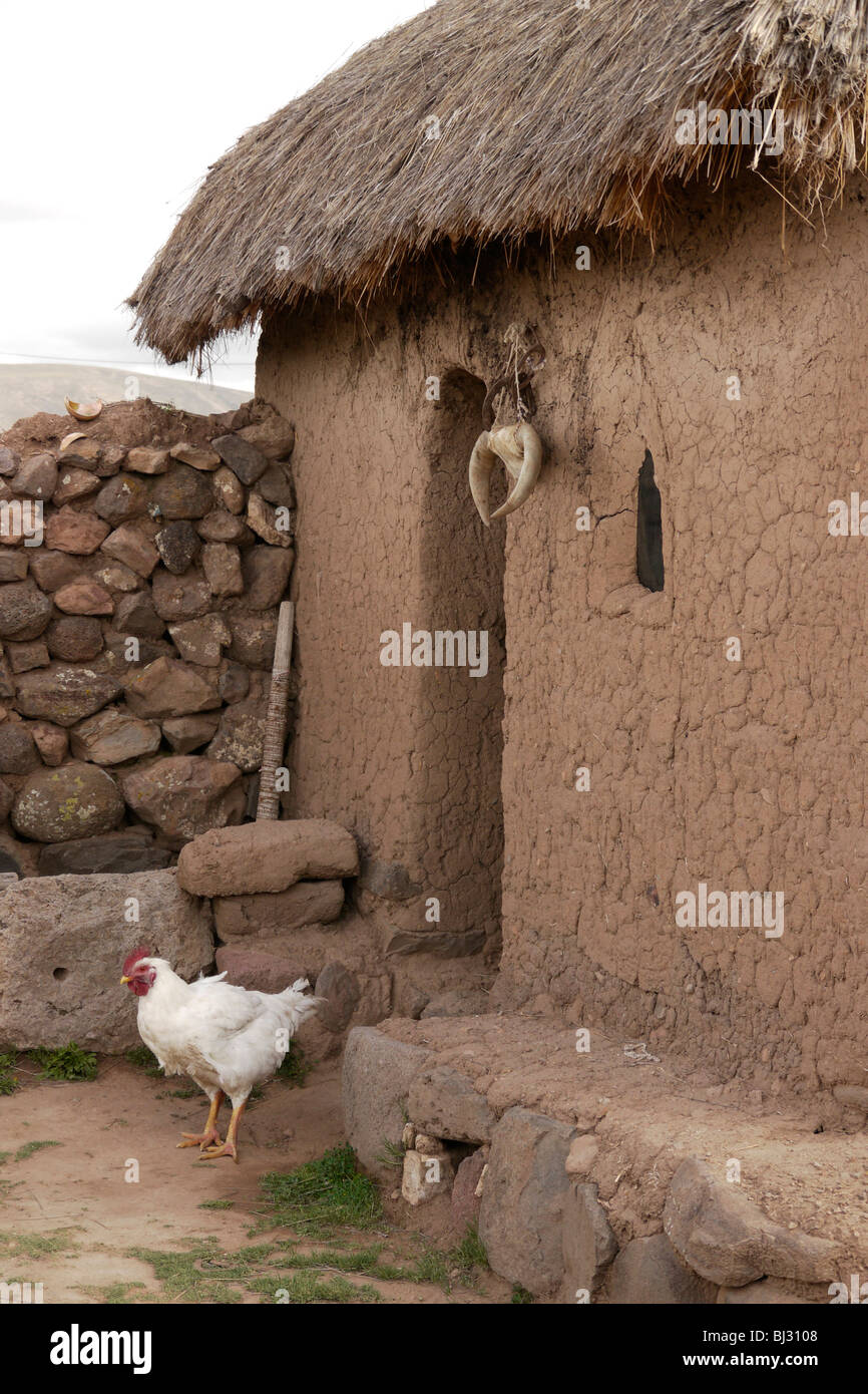 PERU Aymara farmers' dwelling near Sillustani, Puno. Detail of adobe ...