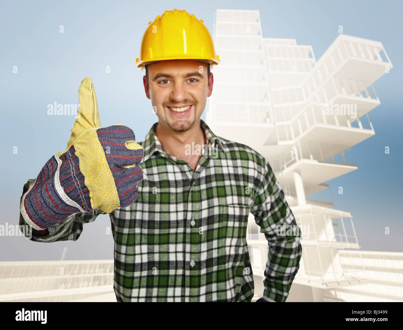 fine image of smiling construction worker and building background Stock ...