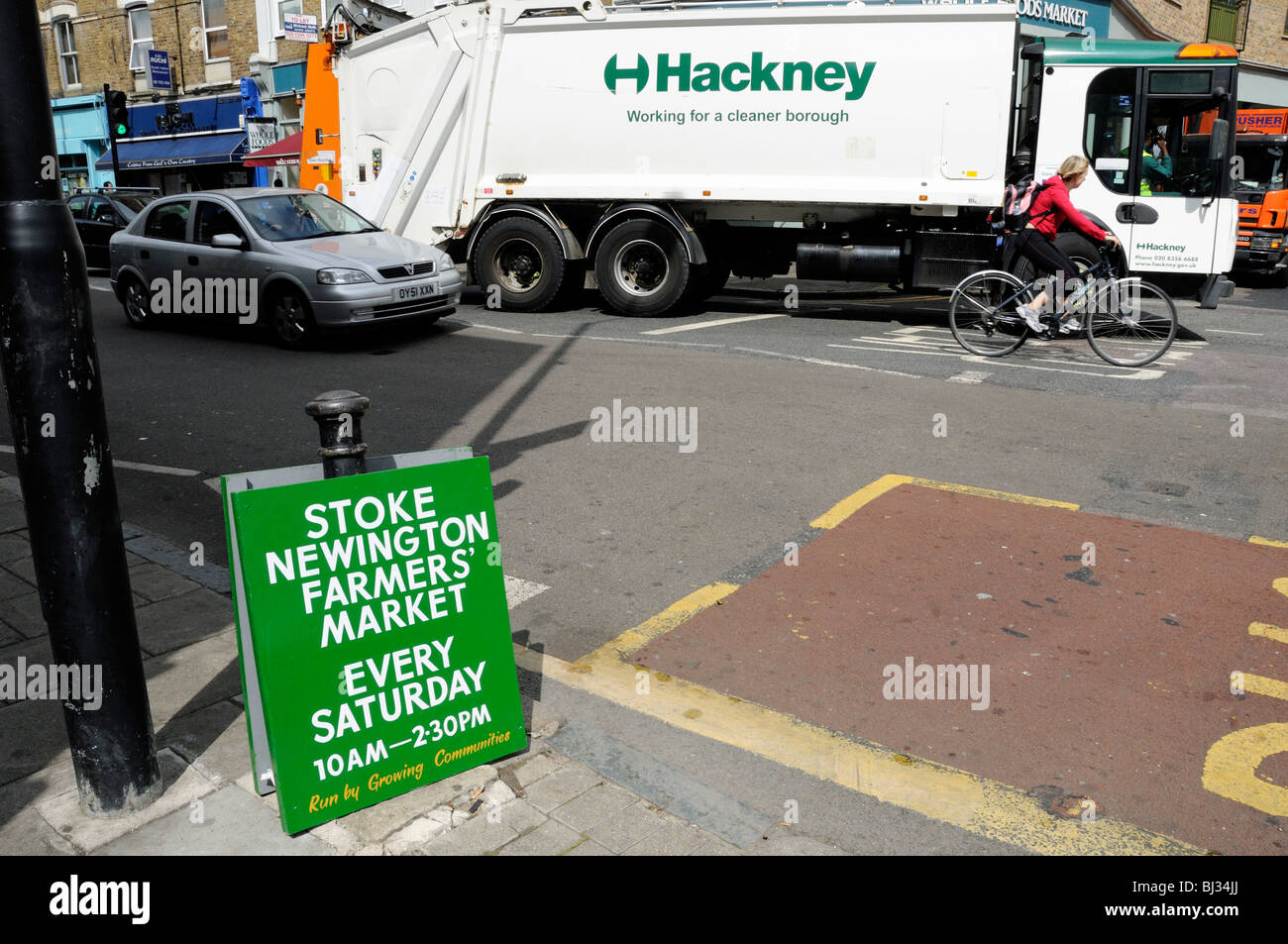 Stoke Newington Farmers Market sign in street, Hackney London England ...