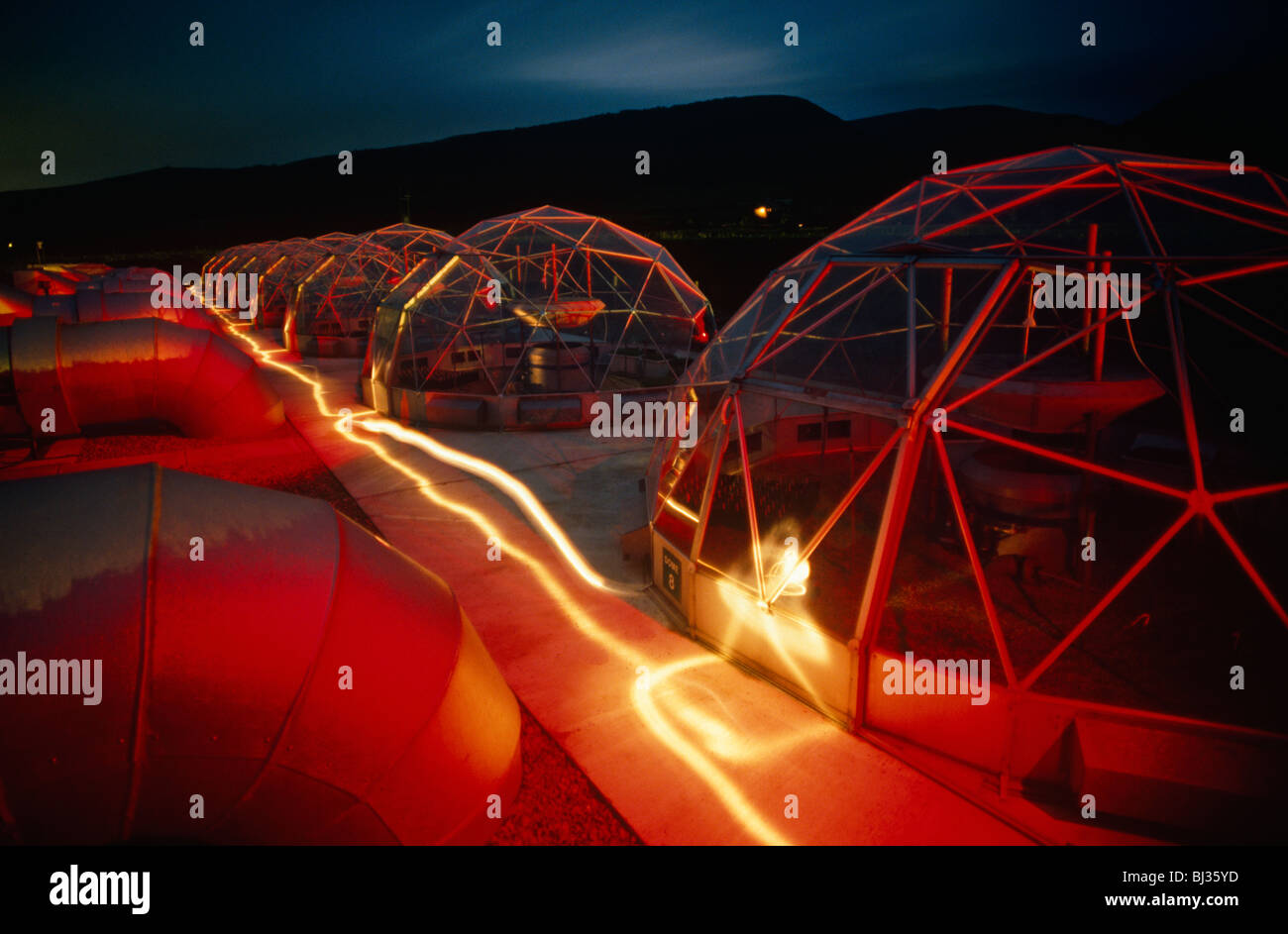 Eight ventilated hemispherical glasshouses (Solardomes) that replicate ...