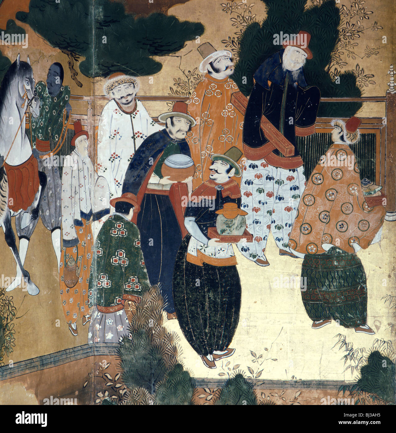 Detail from a folding screen depicting Portuguese merchants in Japan ...