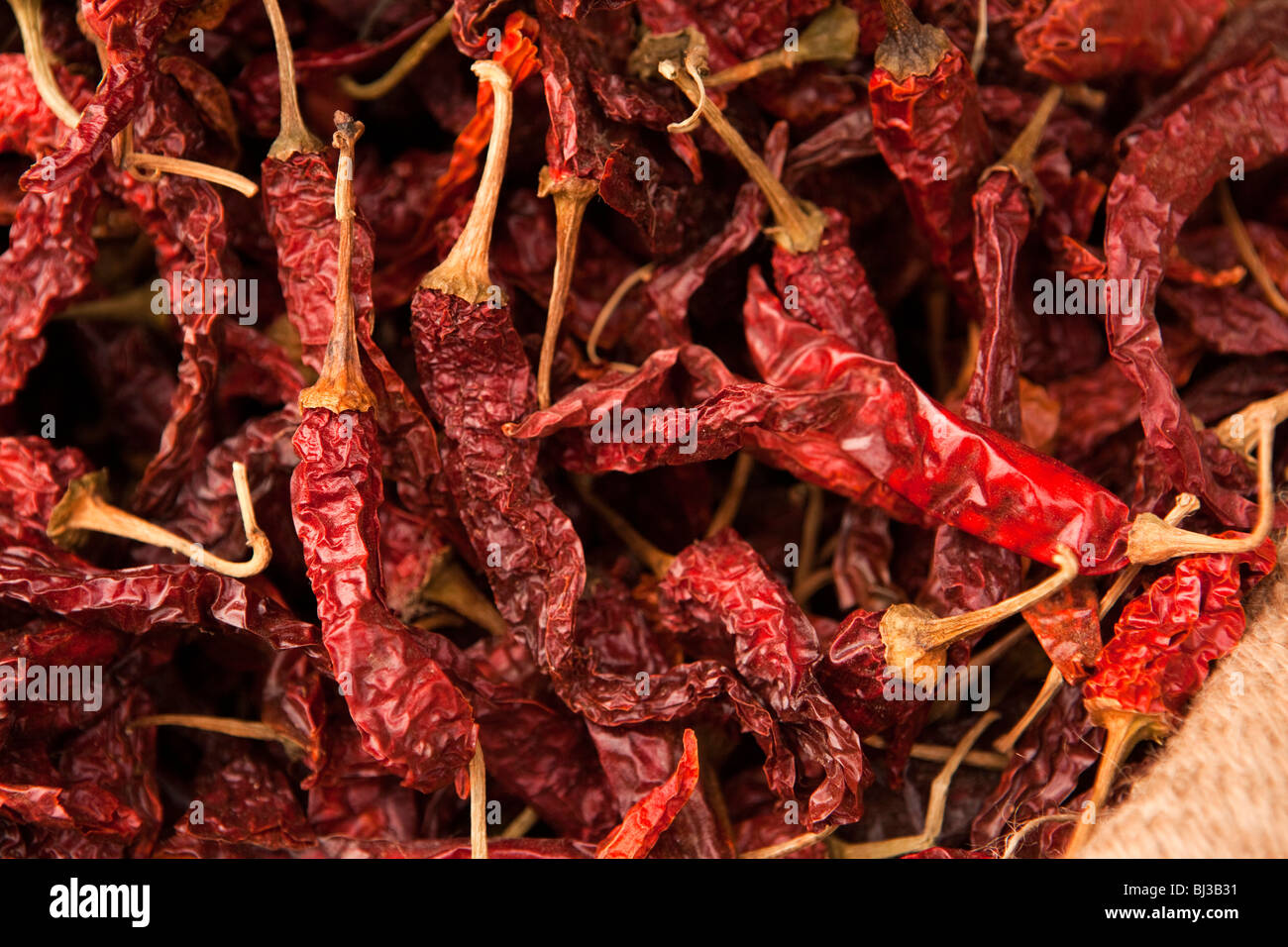 India, Kerala, Calicut, Kozhikode, Big Bazaar, sack of dried red ...