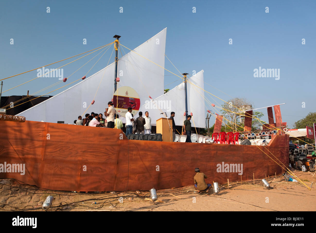 India, Kerala, Calicut, Kozhikode beach, ship shaped tourism festival ...