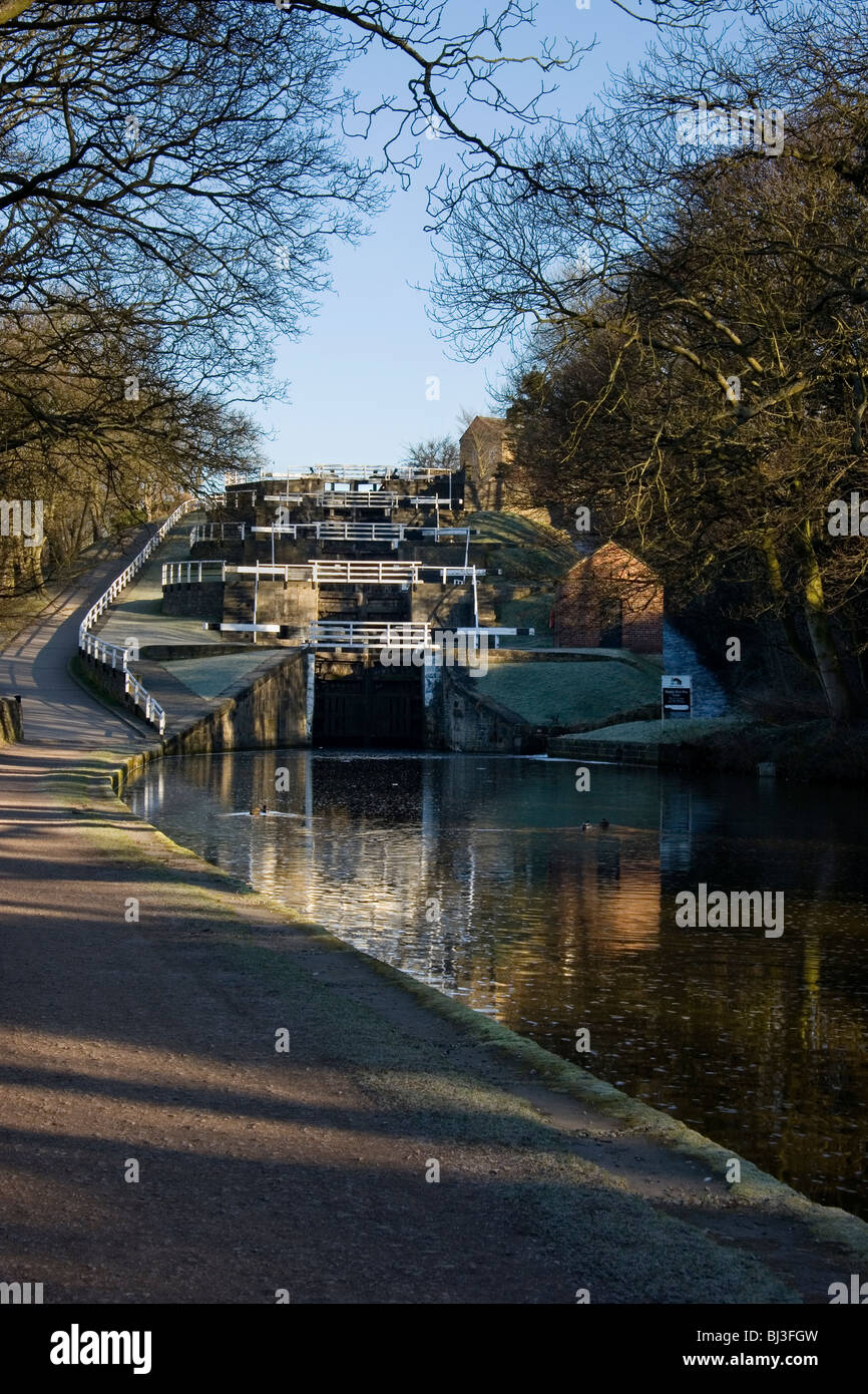 Bingley Five-Rise Locks, a famous feature on the Leeds-Liverpool canal ...