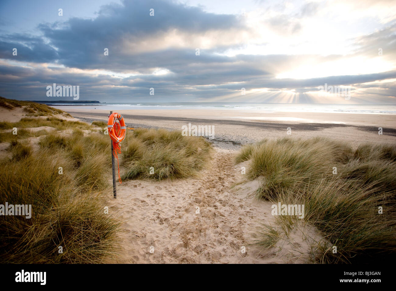 Life ring on sandy beach Stock Photo - Alamy