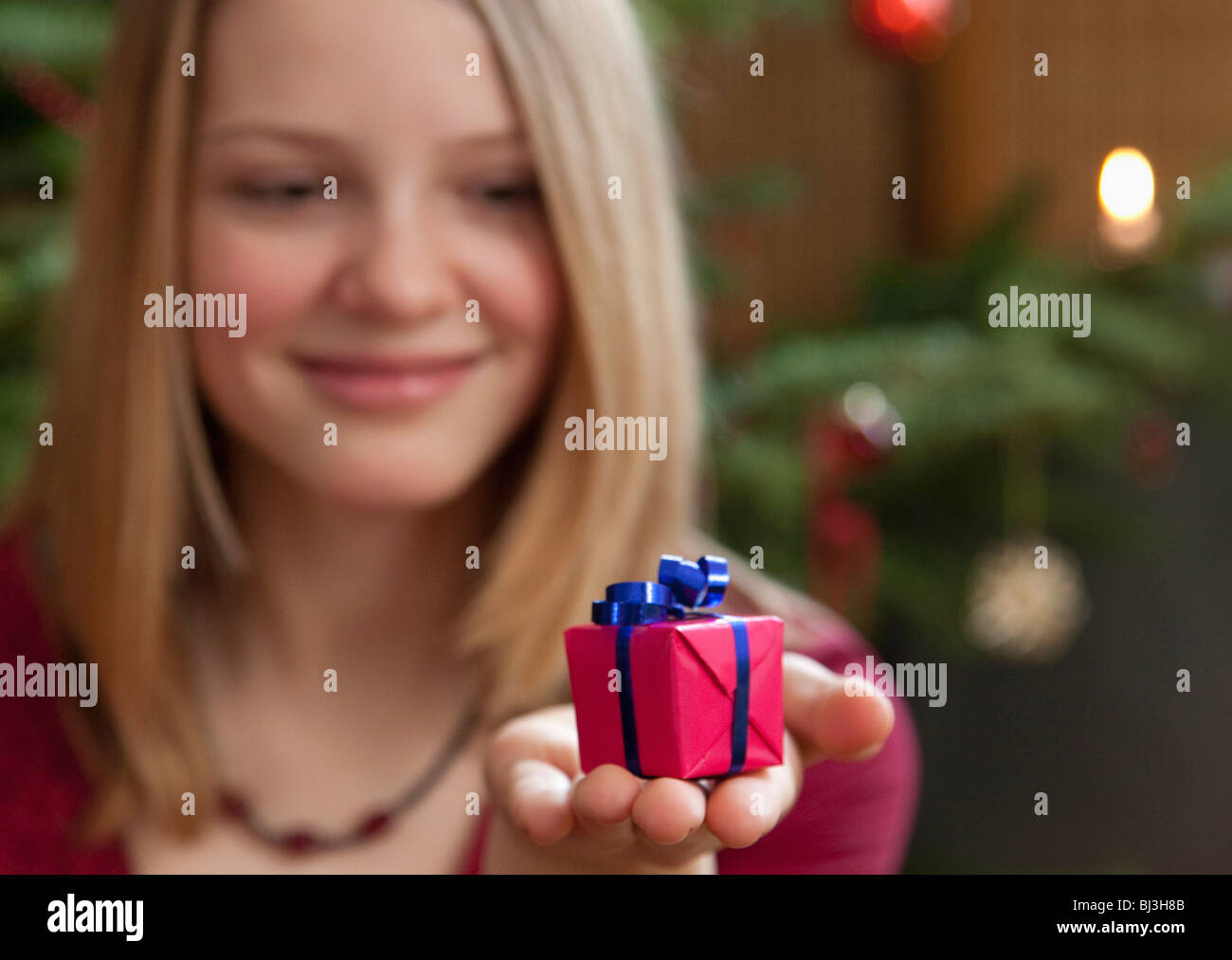 girl with small christmas present Stock Photo - Alamy