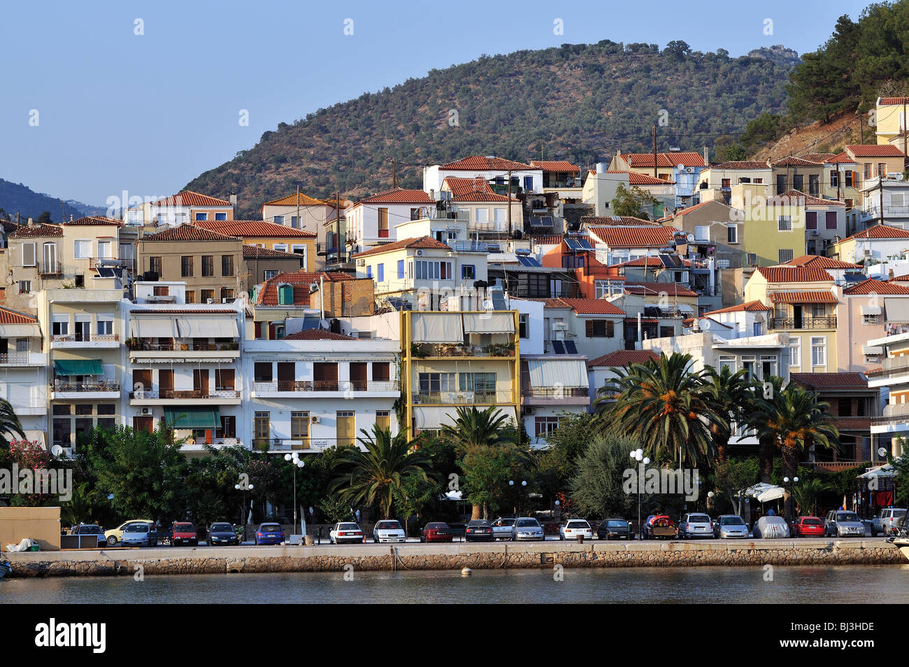 Plomari town under late afternoon light, Lesvos island, Greece Stock ...