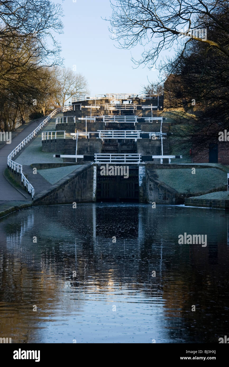 Bingley Five-Rise Locks, a famous feature on the Leeds-Liverpool canal ...
