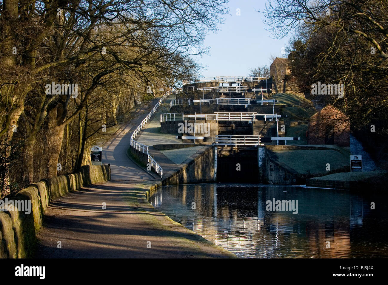 Bingley Five-Rise Locks, a famous feature on the Leeds-Liverpool canal ...