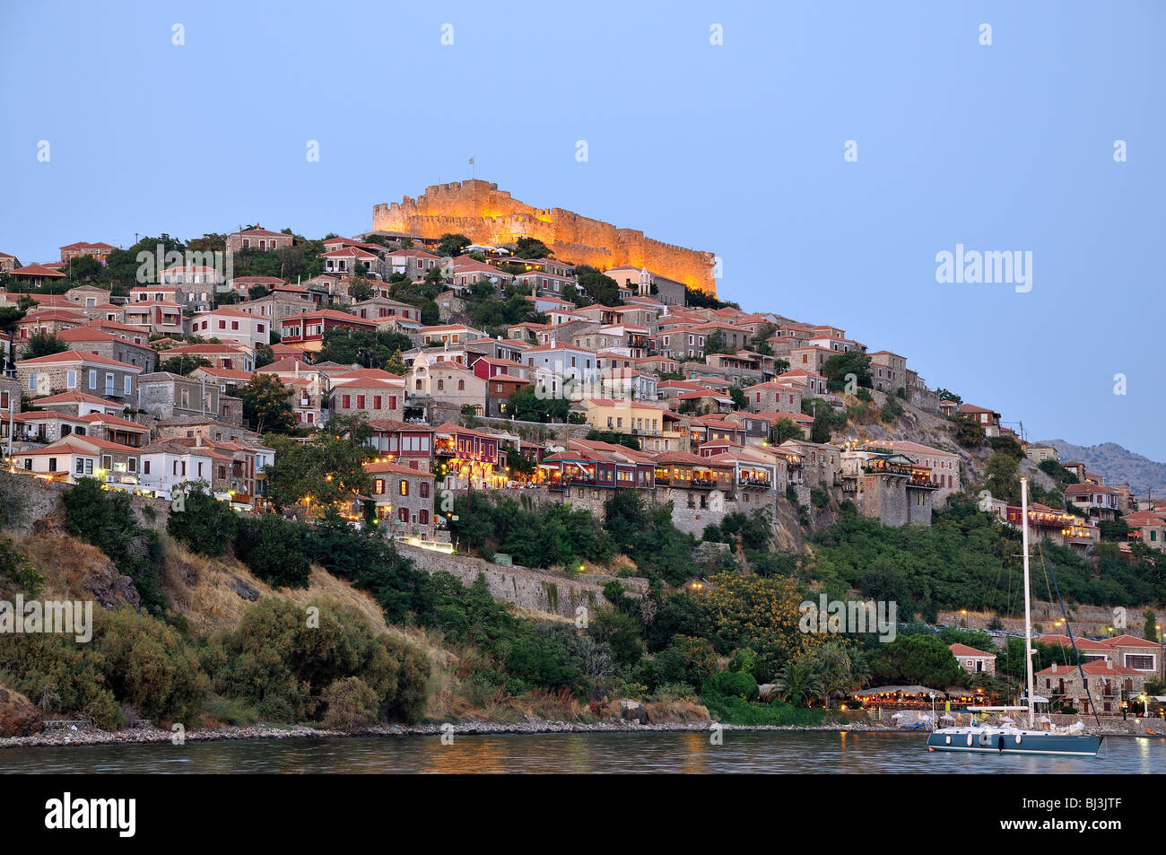 Village and castle of Molyvos during dusk time, Lesvos island, Greece ...