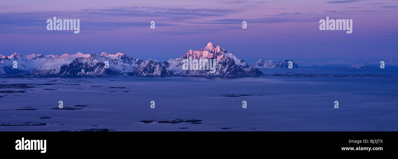 View from Stamsundheia above Stamsund, Vestvågøy towards Henningsvaer ...