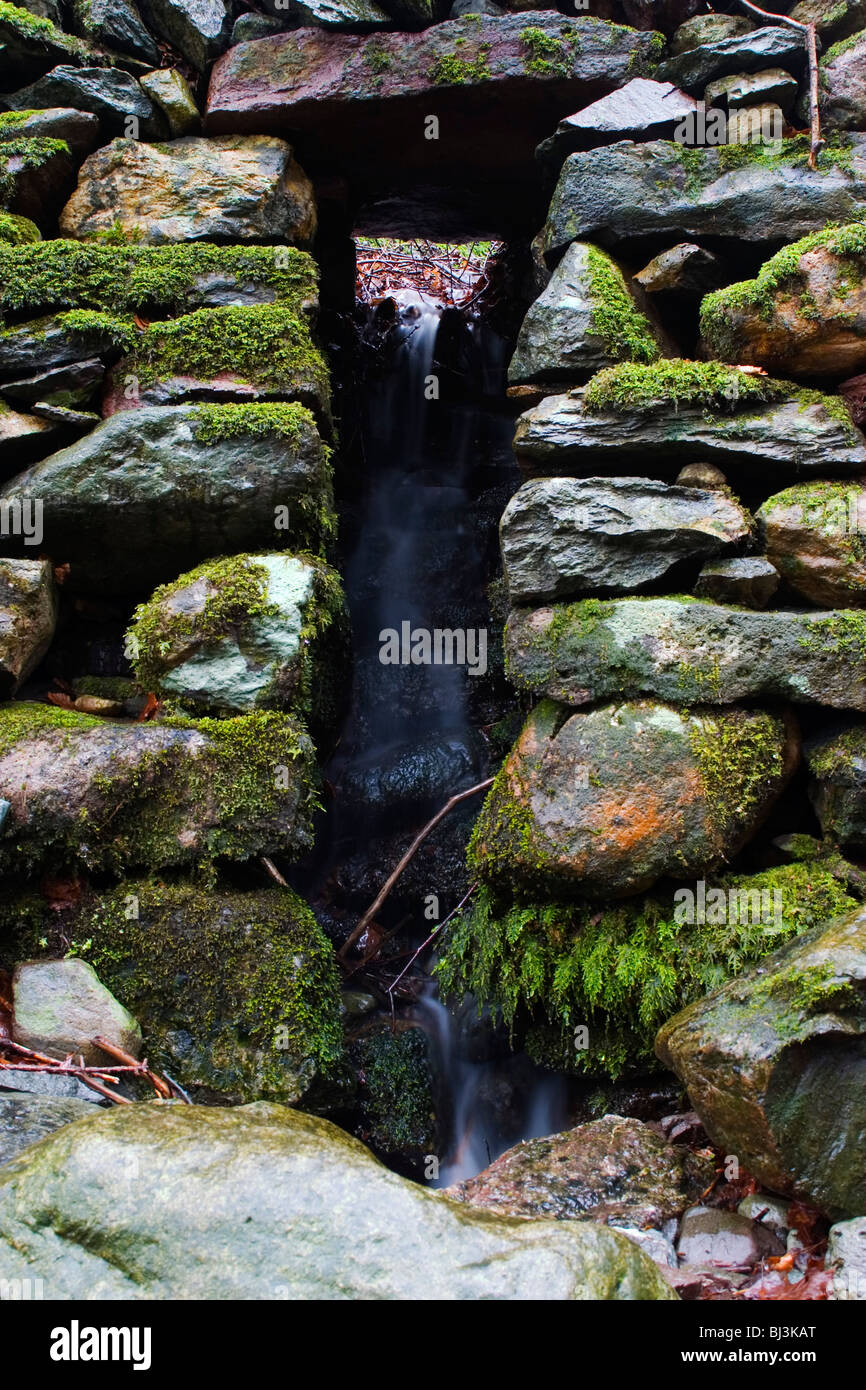 Stream running through dry stone wall, Lake District Stock Photo - Alamy