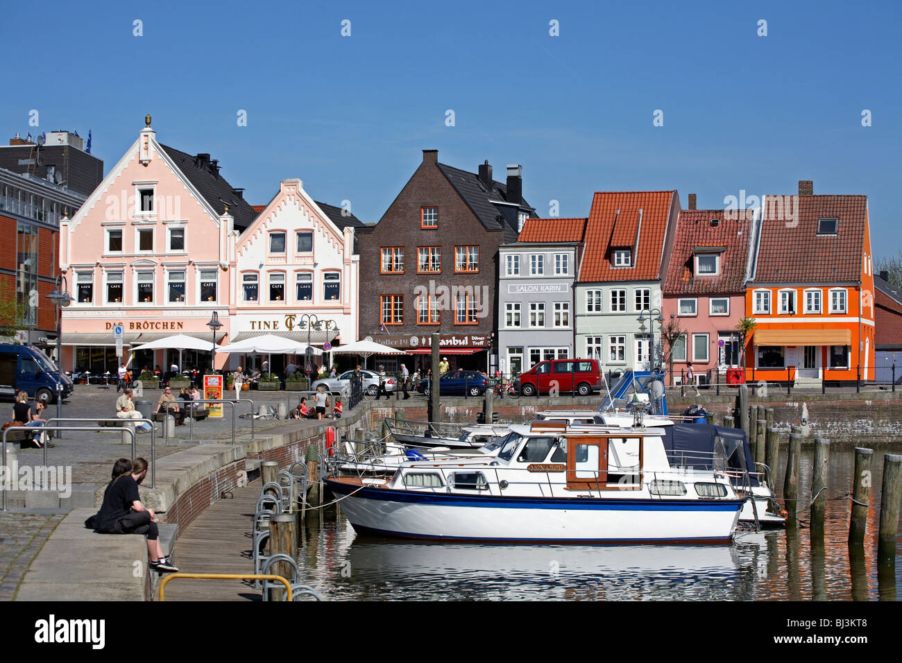 The harbour in Husum with historical facades in the background, Germany ...