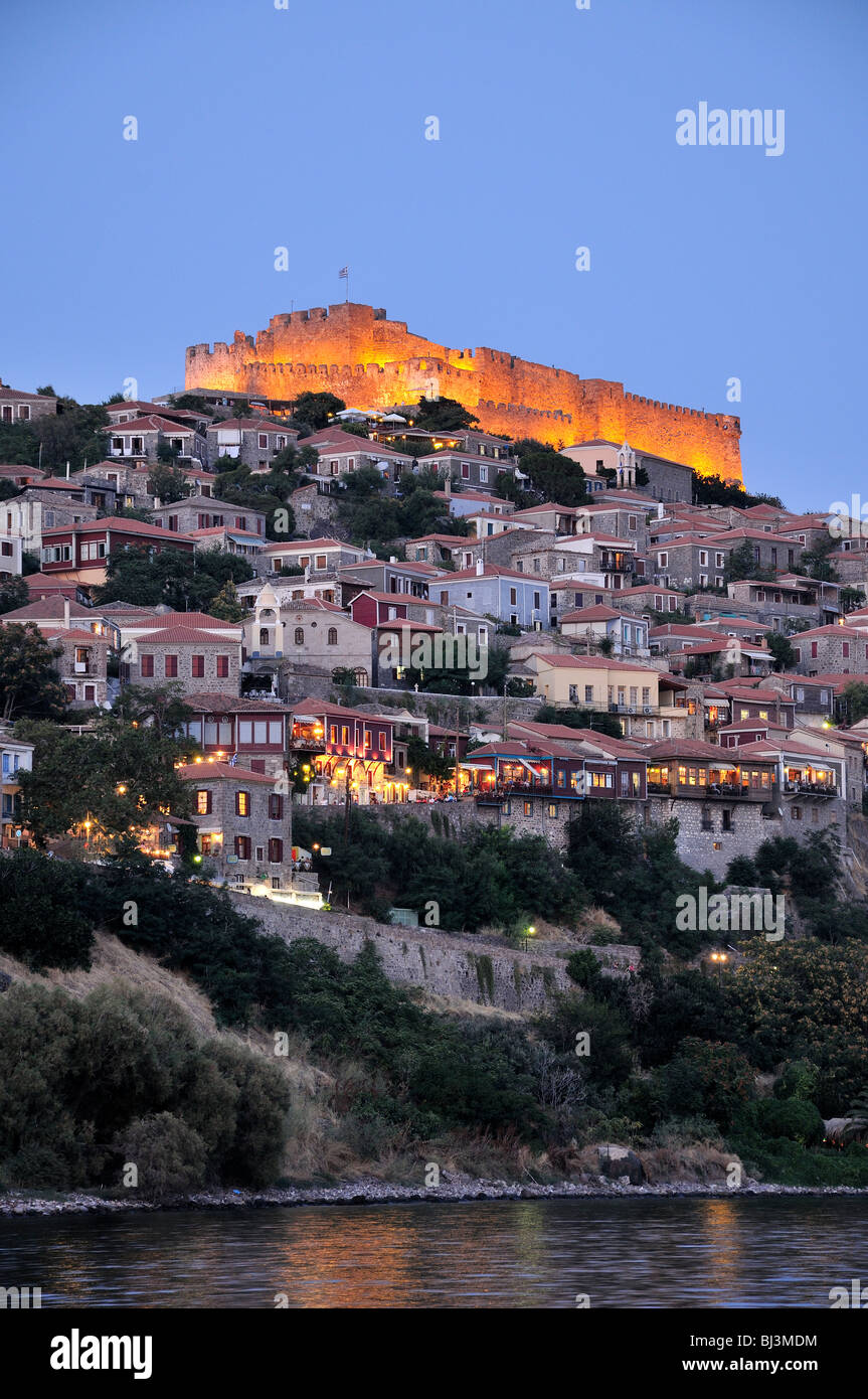 Village and castle of Molyvos during dusk time, Lesvos island, Greece ...
