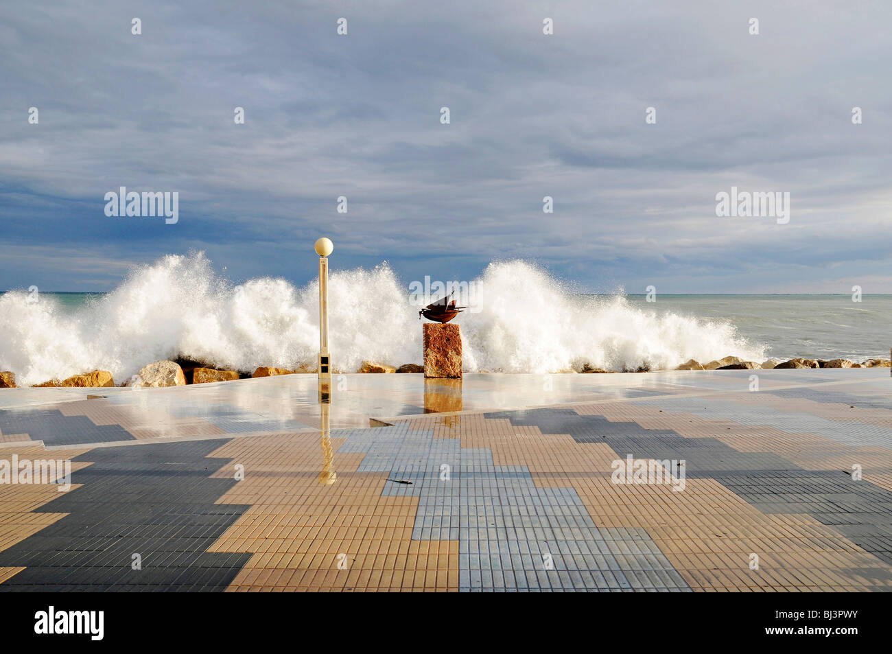 Storm, promenade, storm flood, waves, flood, Altea, Alicante province ...