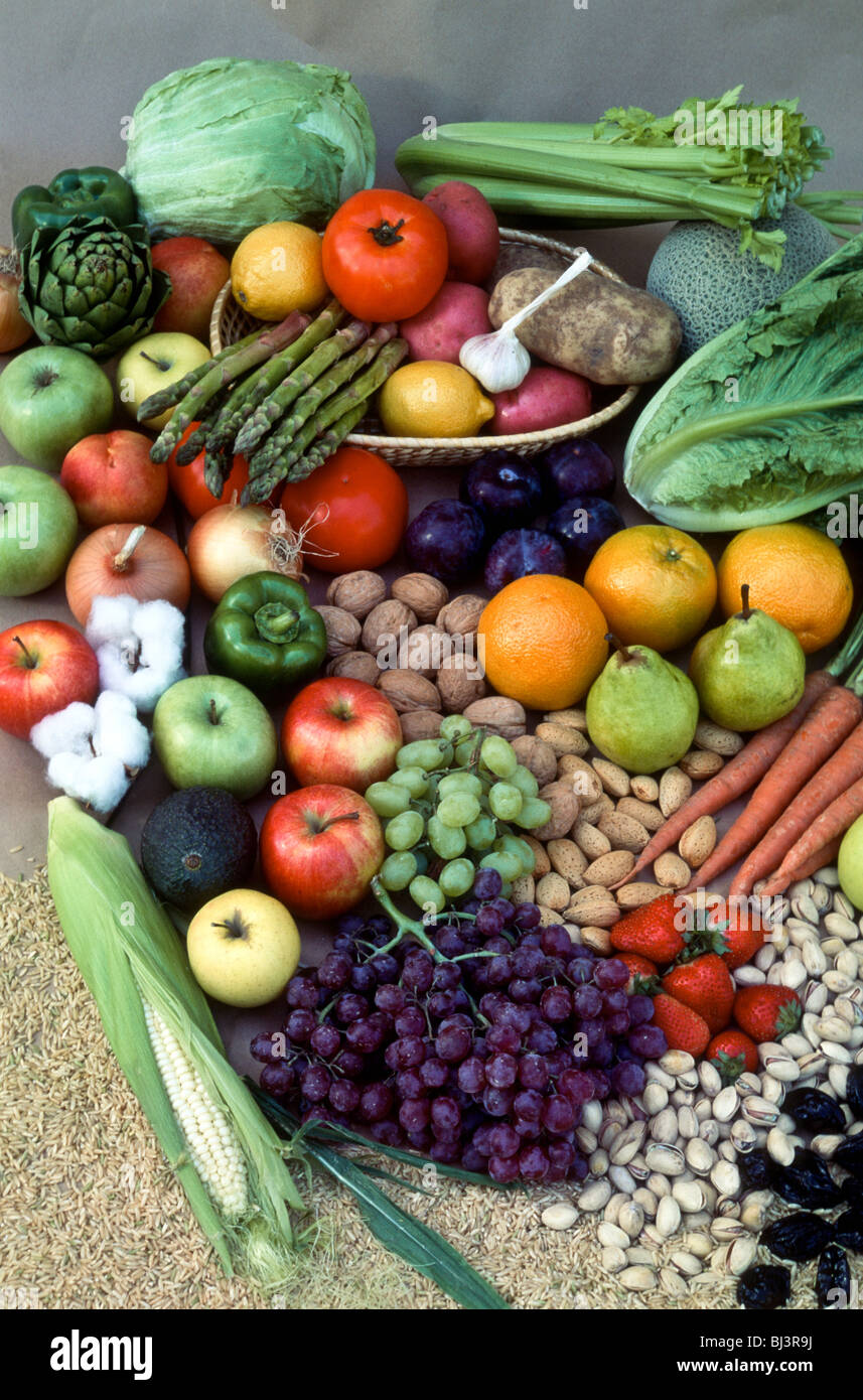 A variety of vegetables, fruit, nuts and grapes and cotton Stock Photo ...