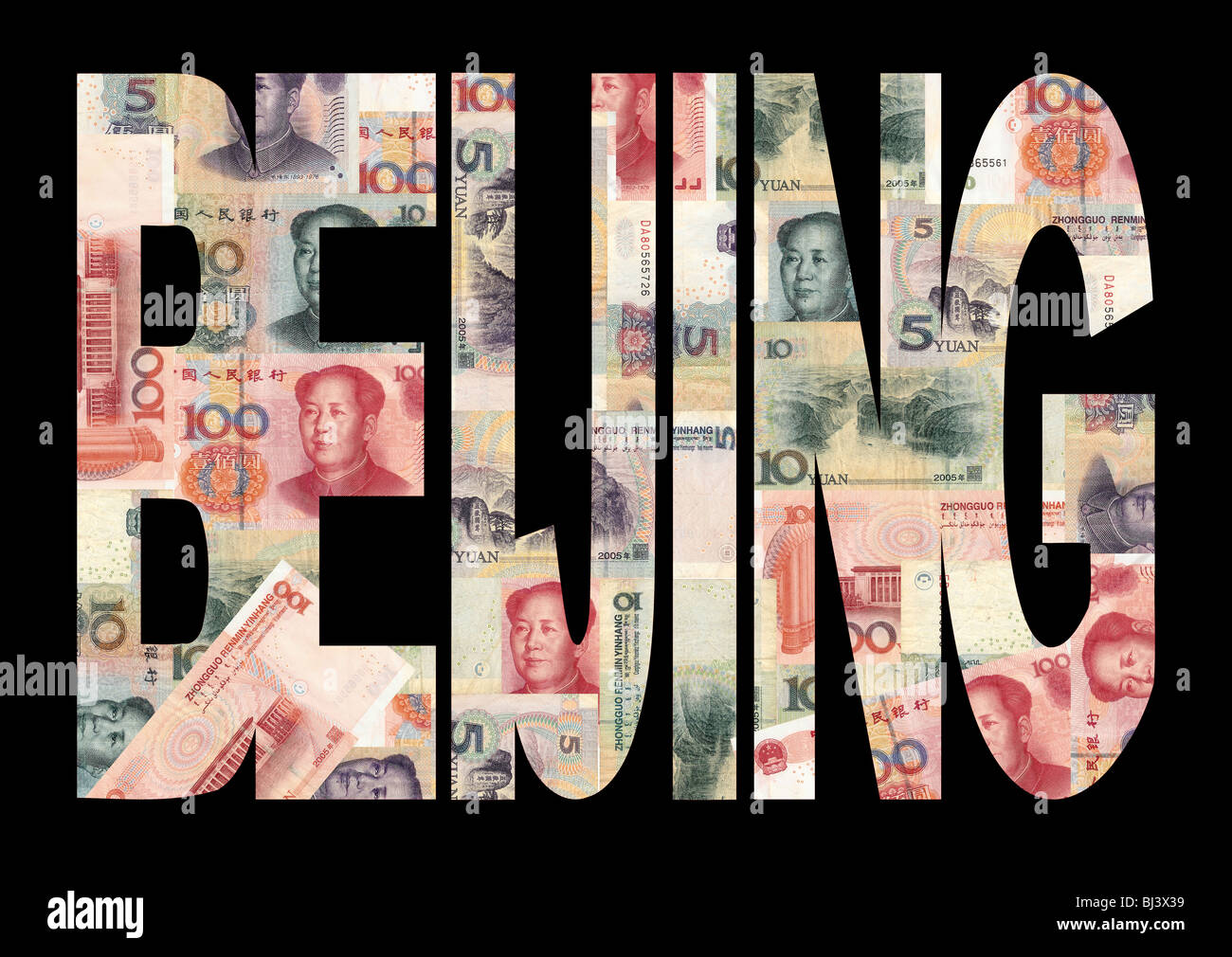 Beijing text with collage of colourful Chinese currency illustration ...