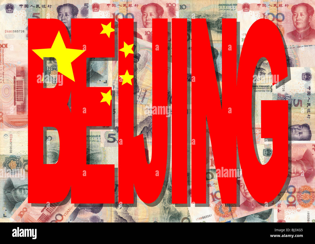 Beijing text with collage of colourful Chinese currency illustration ...