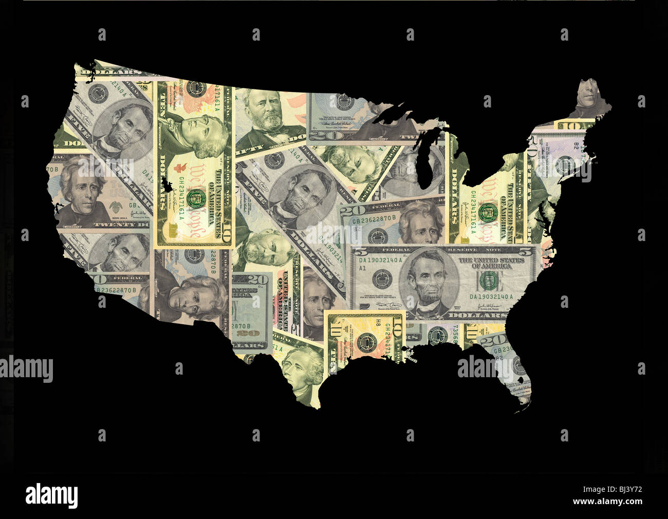 Map of USA with American dollars bills illustration Stock Photo - Alamy