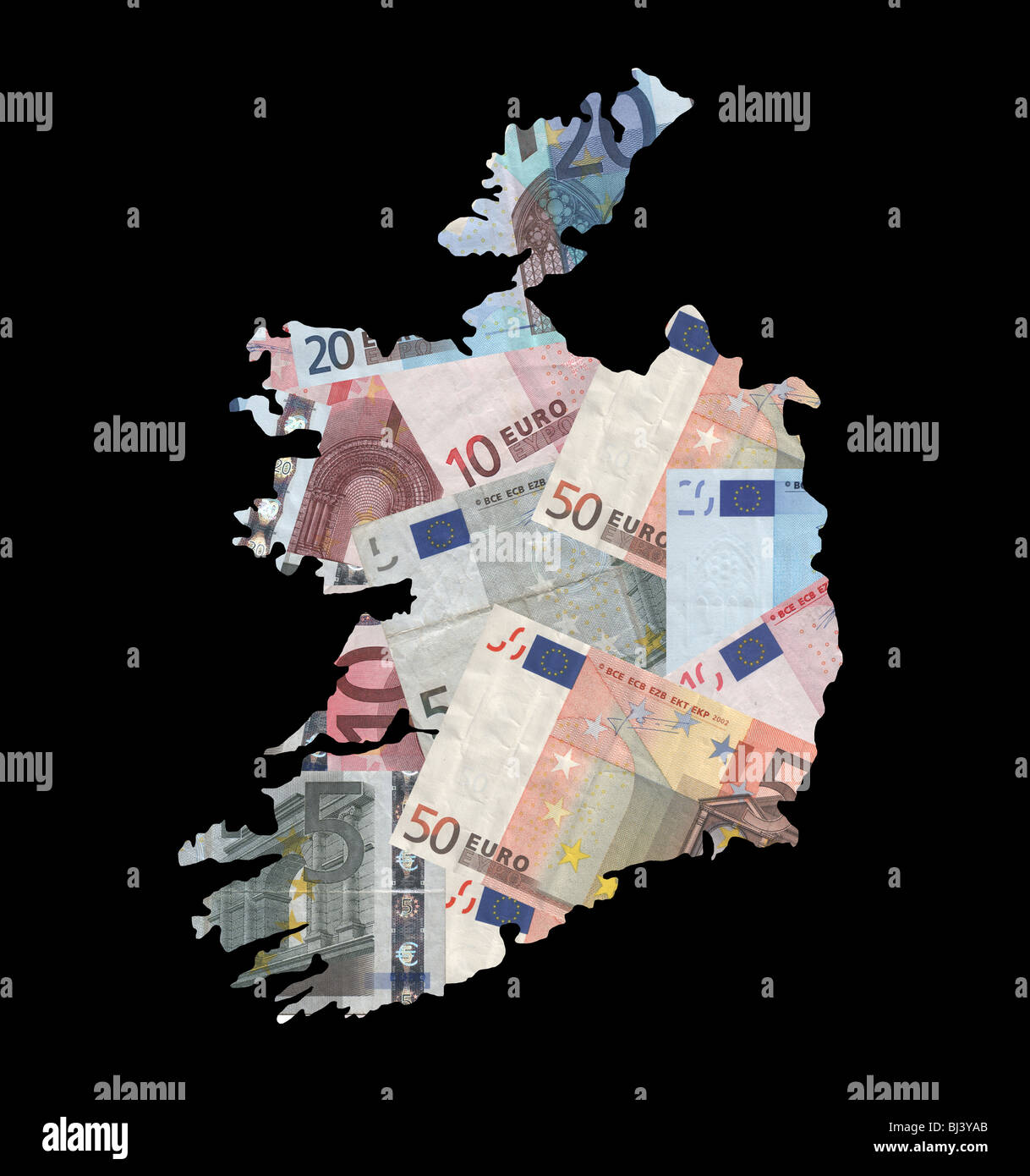 Map of Ireland with collage of colourful euro notes illustration Stock ...