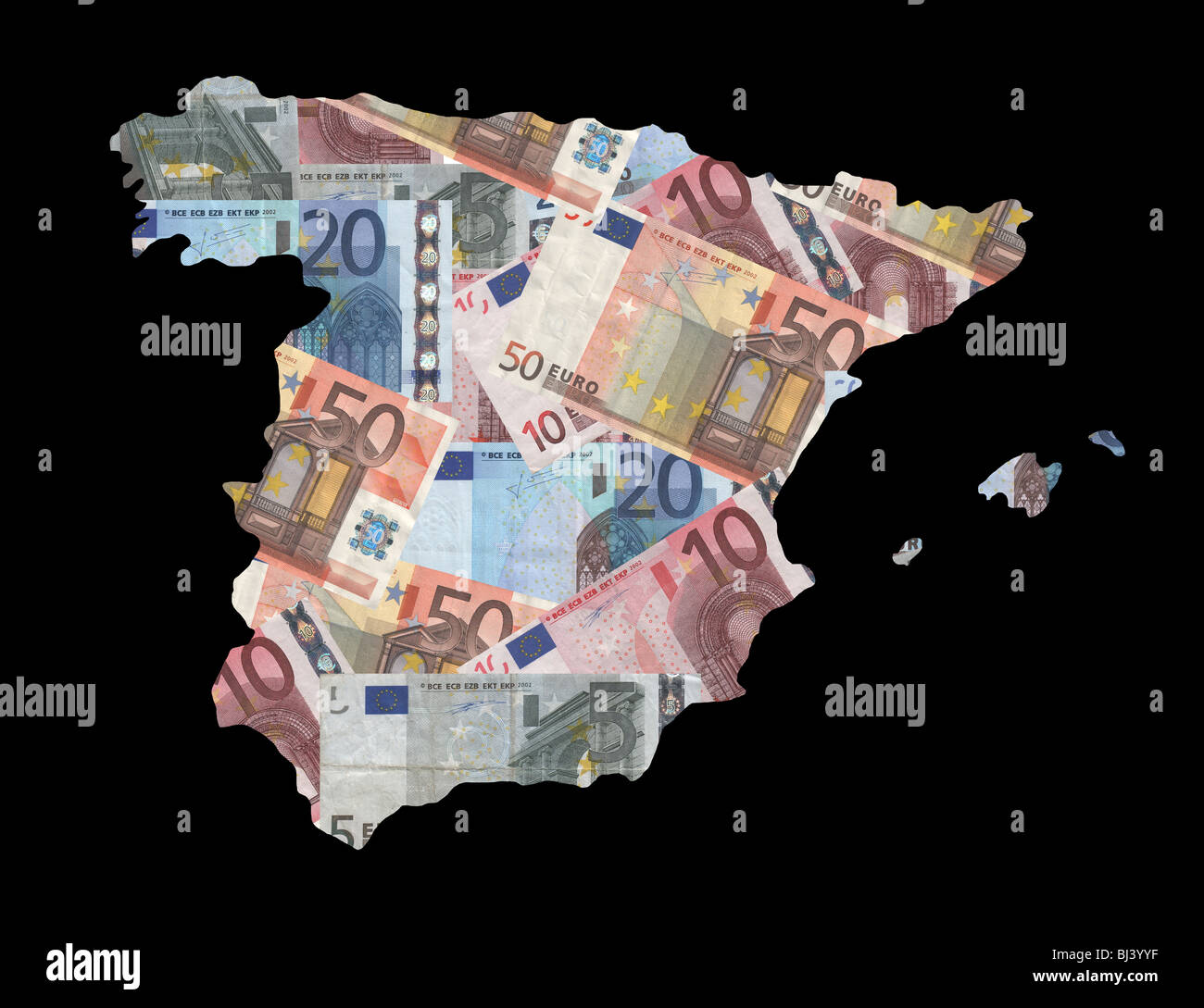 Map of Spain with collage of colourful euro notes illustration Stock ...