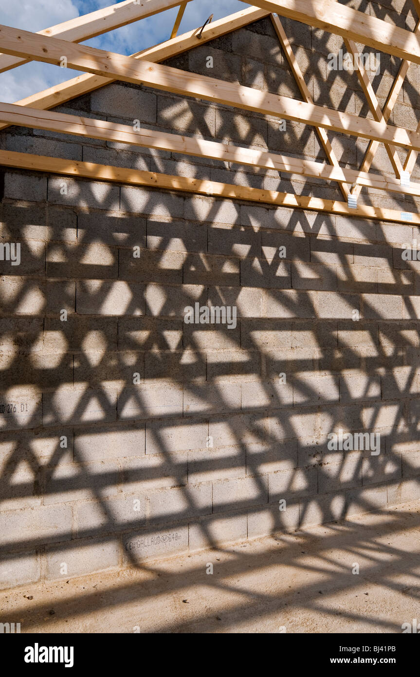 Prefabricated timber roof trusses on building site - France Stock Photo ...