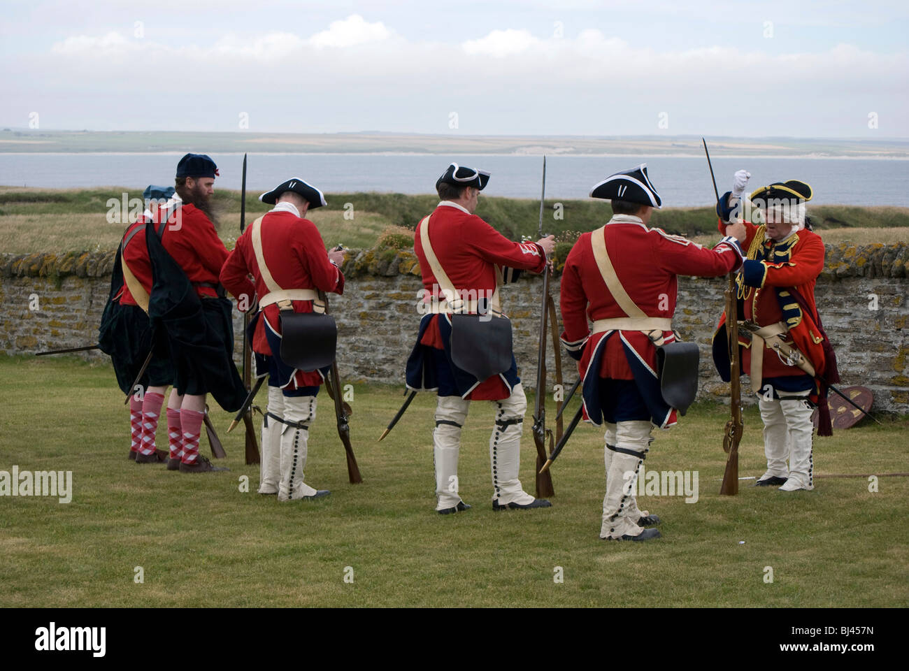 Scottish Lowland soldiers with flintlock rifles near Noss Head and Wick ...