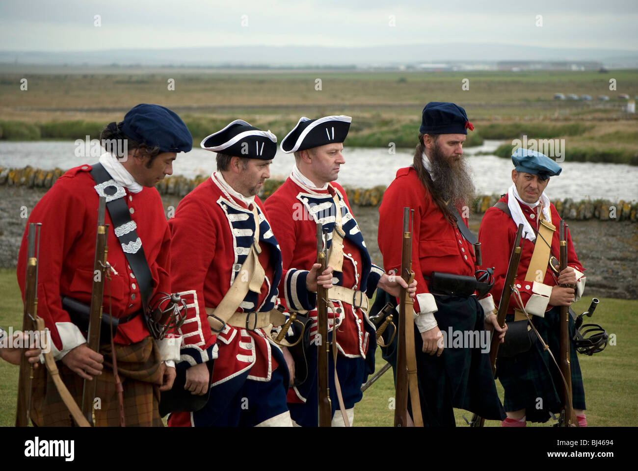 Scottish Lowland soldiers with flintlock rifles near Noss Head and Wick ...